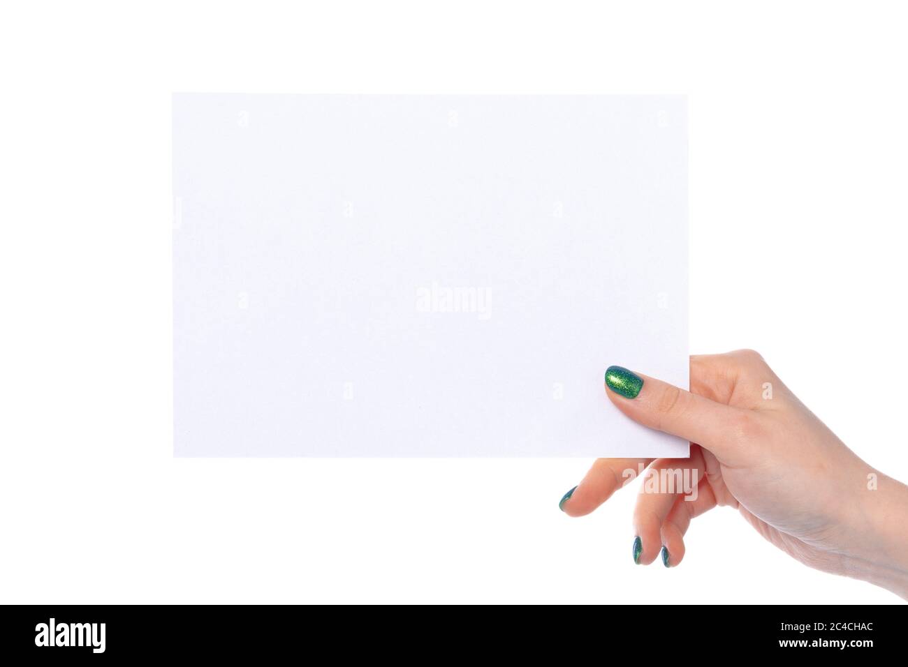Woman's hand showing white paper banner isolated on white Stock Photo ...