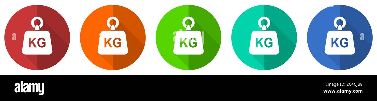 Weight, kg, kilogram icon set, red, blue, green and orange flat design ...