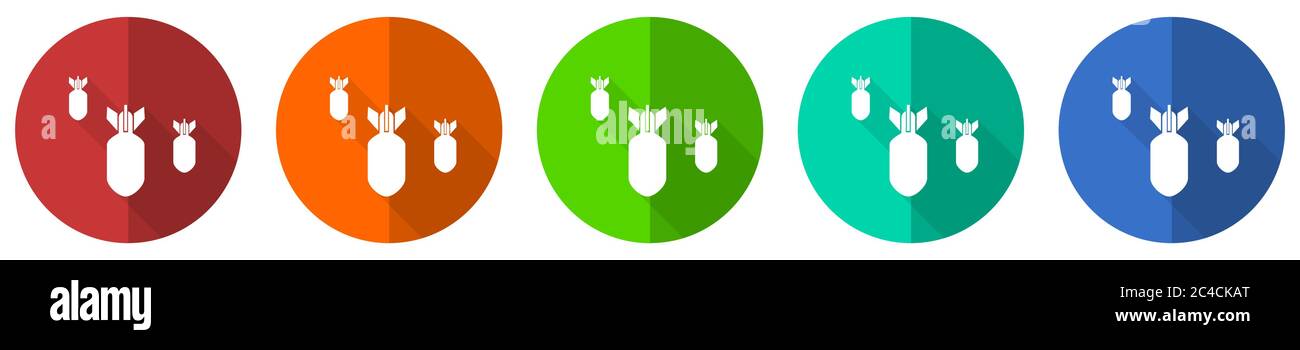 Bomb icon set, war, military, weapon, red, blue, green and orange flat ...