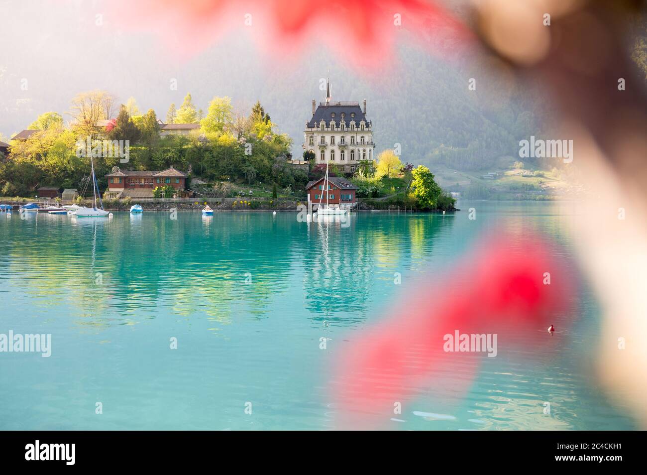 view of Schloss Seeburg, Iseltwald in turquoise Lake Brienz Stock Photo ...