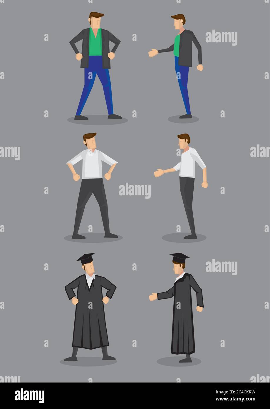 Front and side view of cartoon modern man wearing different attire and ...