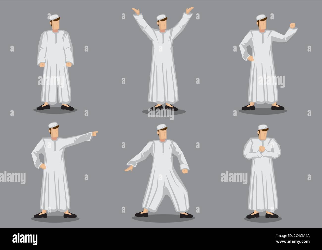 Set of six vector illustrations of muslim man in white traditional ...