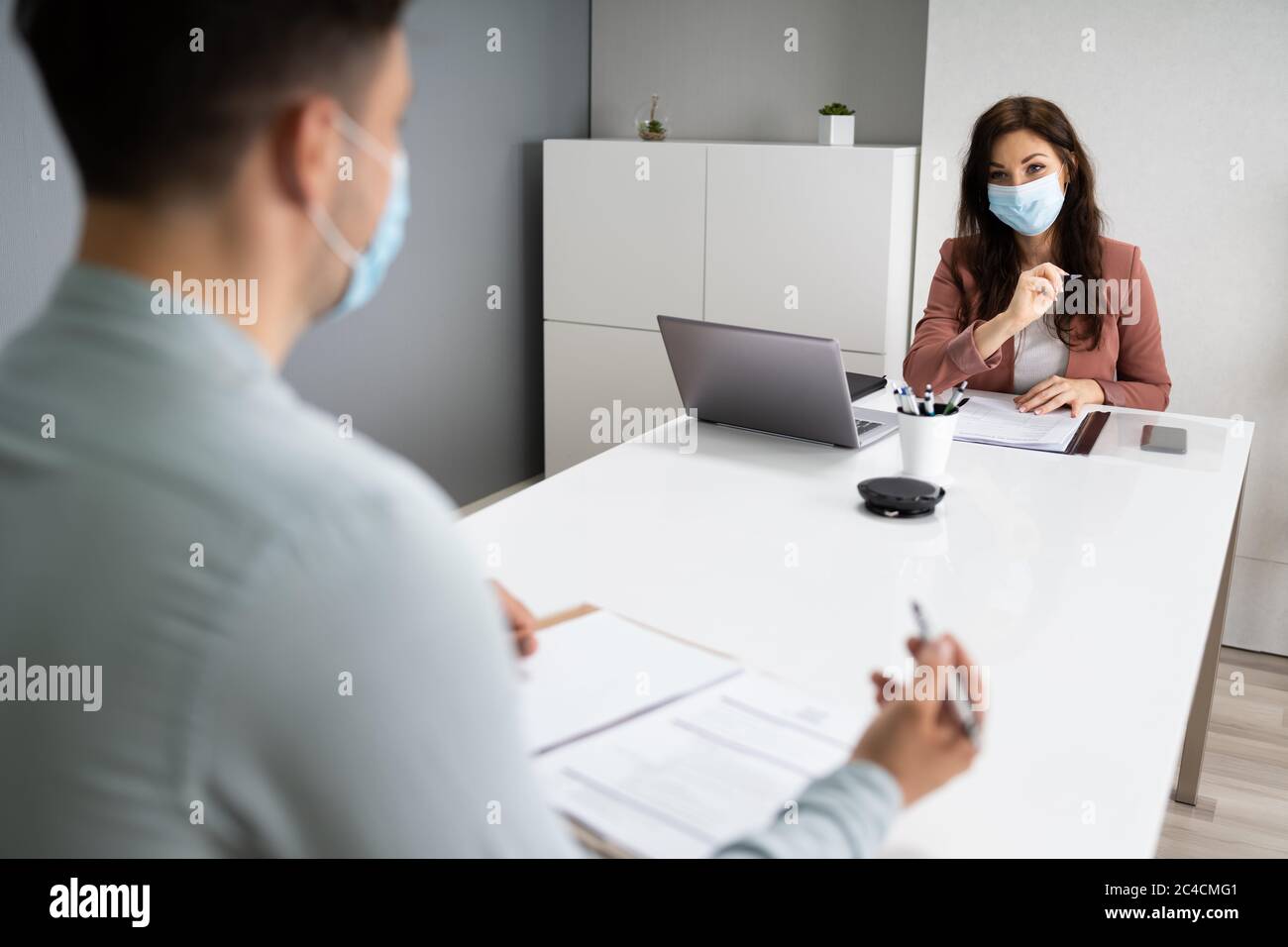 Job Interview Business Meeting At Law Office Wearing Face Mask Stock ...