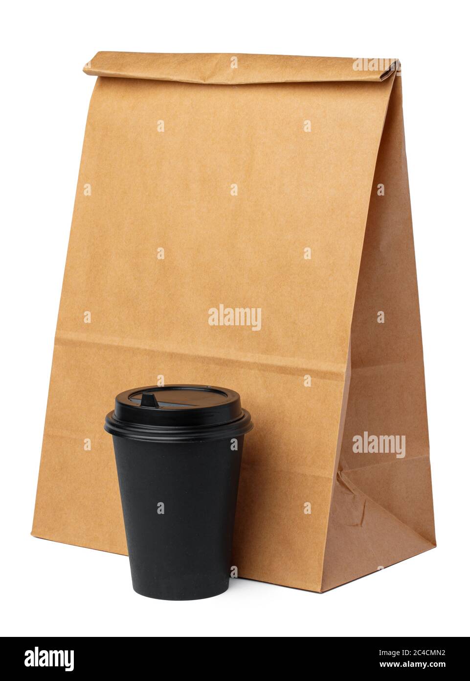 Craft paper bag with coffee cup on white background Stock Photo - Alamy