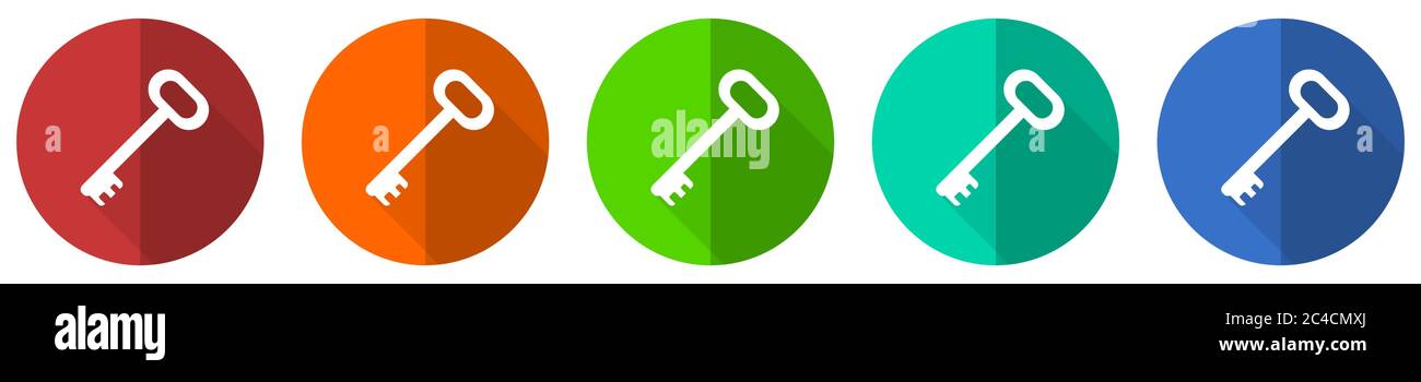 Key icon set, red, blue, green and orange flat design web buttons ...