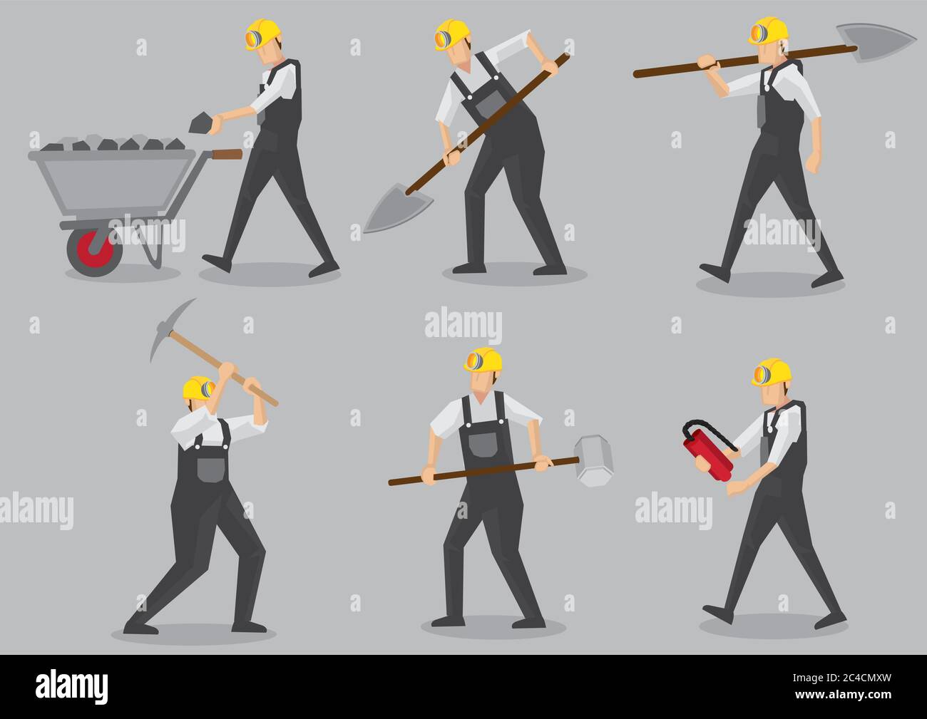Set of six vector illustration of miner carrying mining tool and ...