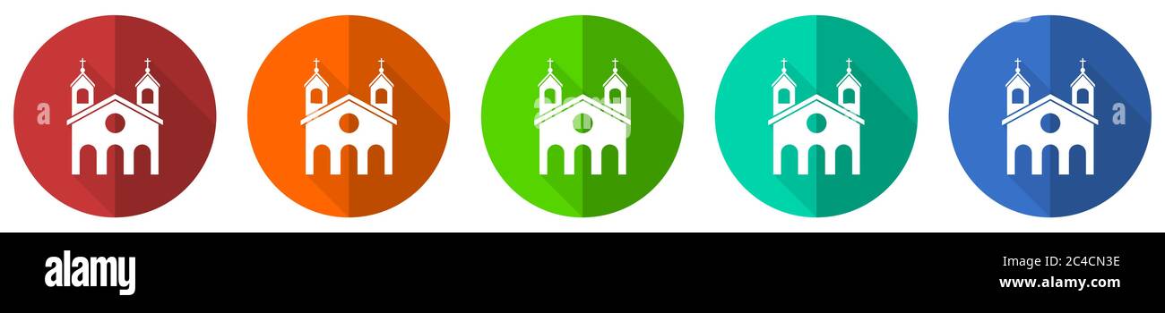 Religion, church icon set, red, blue, green and orange flat design web ...