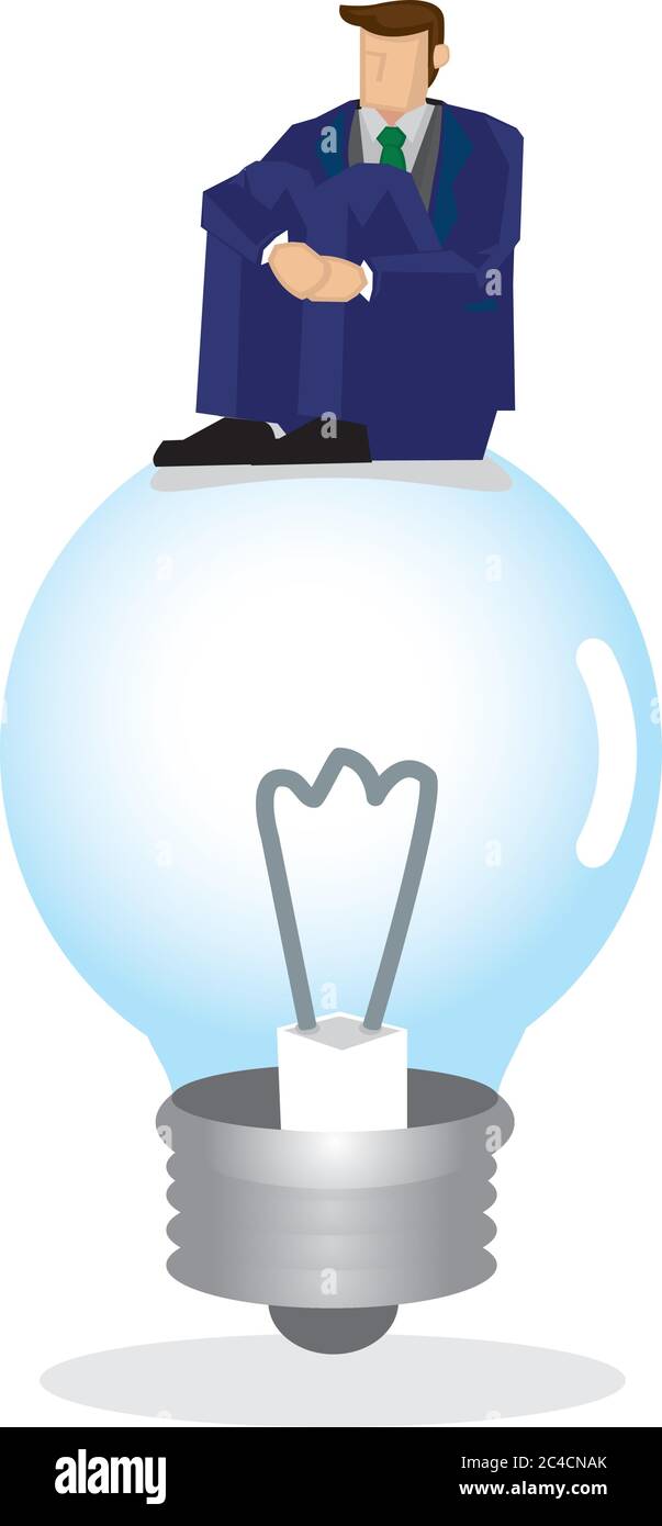 Sad businessman sitting on top of the light bulb. Concept of failure ...