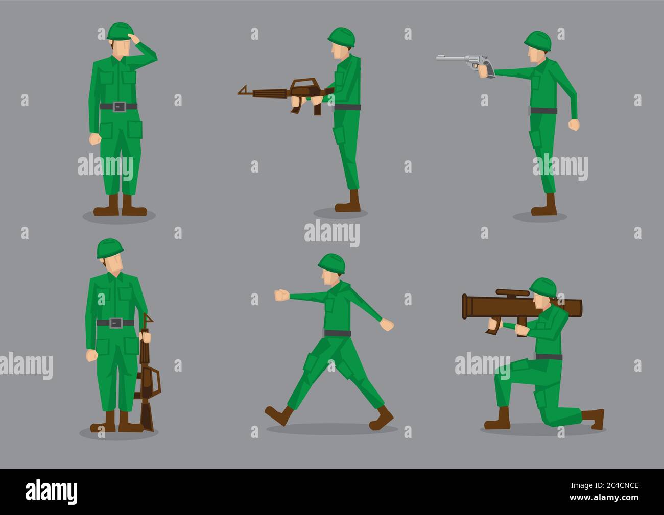 Set of six vector illustration of army man or soldier in green uniform ...