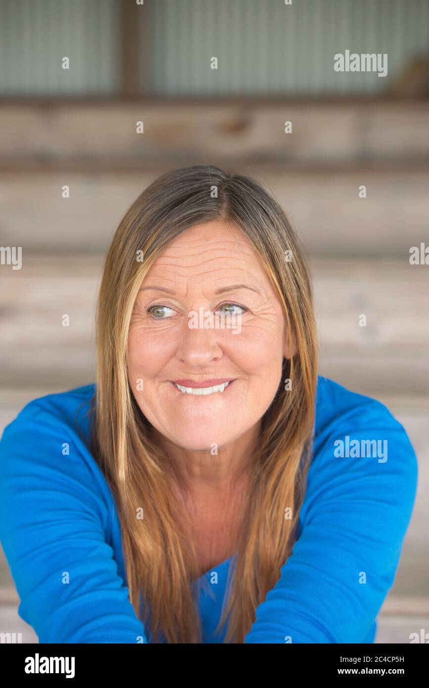 Portrait Attractive Mature Woman With Shy Insecure Embarassed Facial