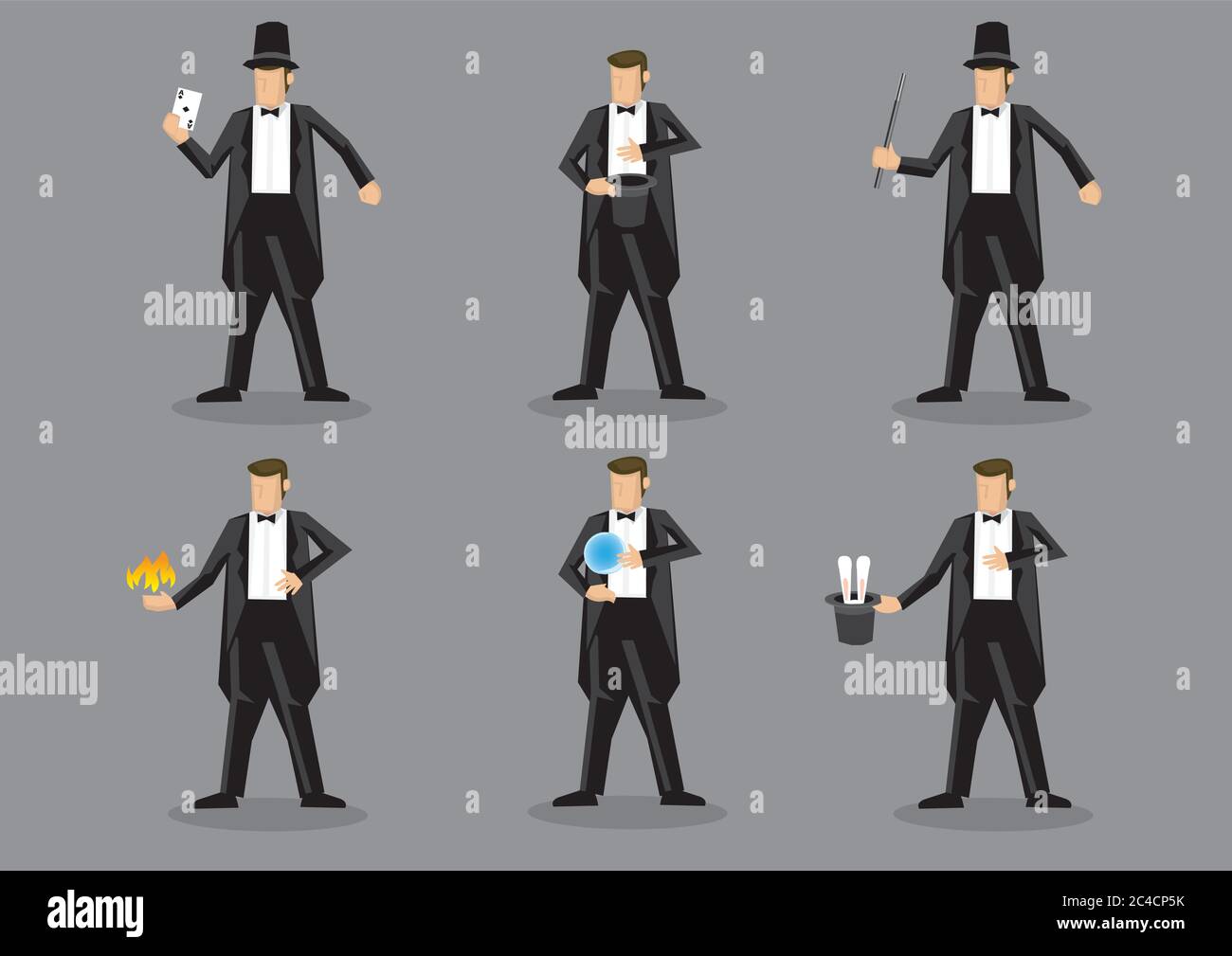 Set of six vector cartoon illustration of magician character performing ...
