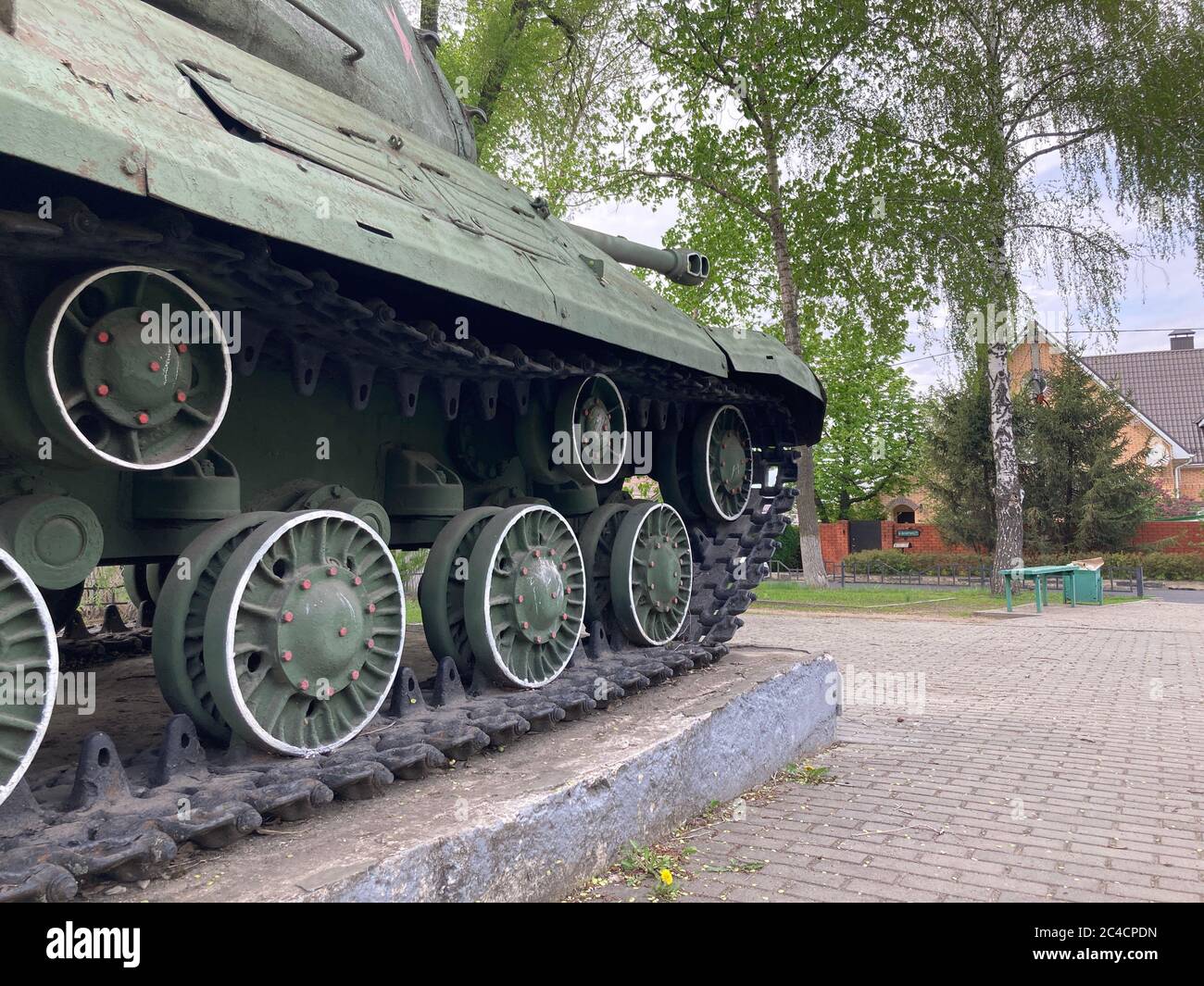 Monument of military heavy old tank. Close up of tank track Stock Photo ...