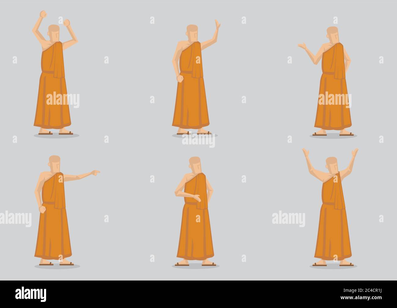 Set of six vector illustration of religious buddhist monk in yellow ...