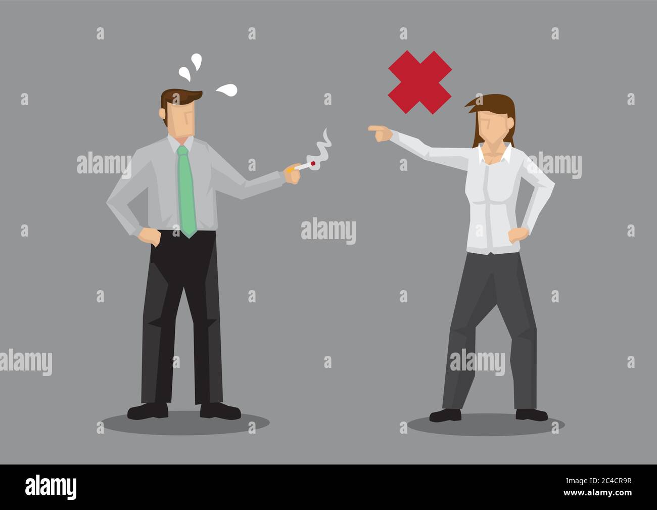 Cartoon woman telling off coworker who is smoking a cigarette. Vector ...