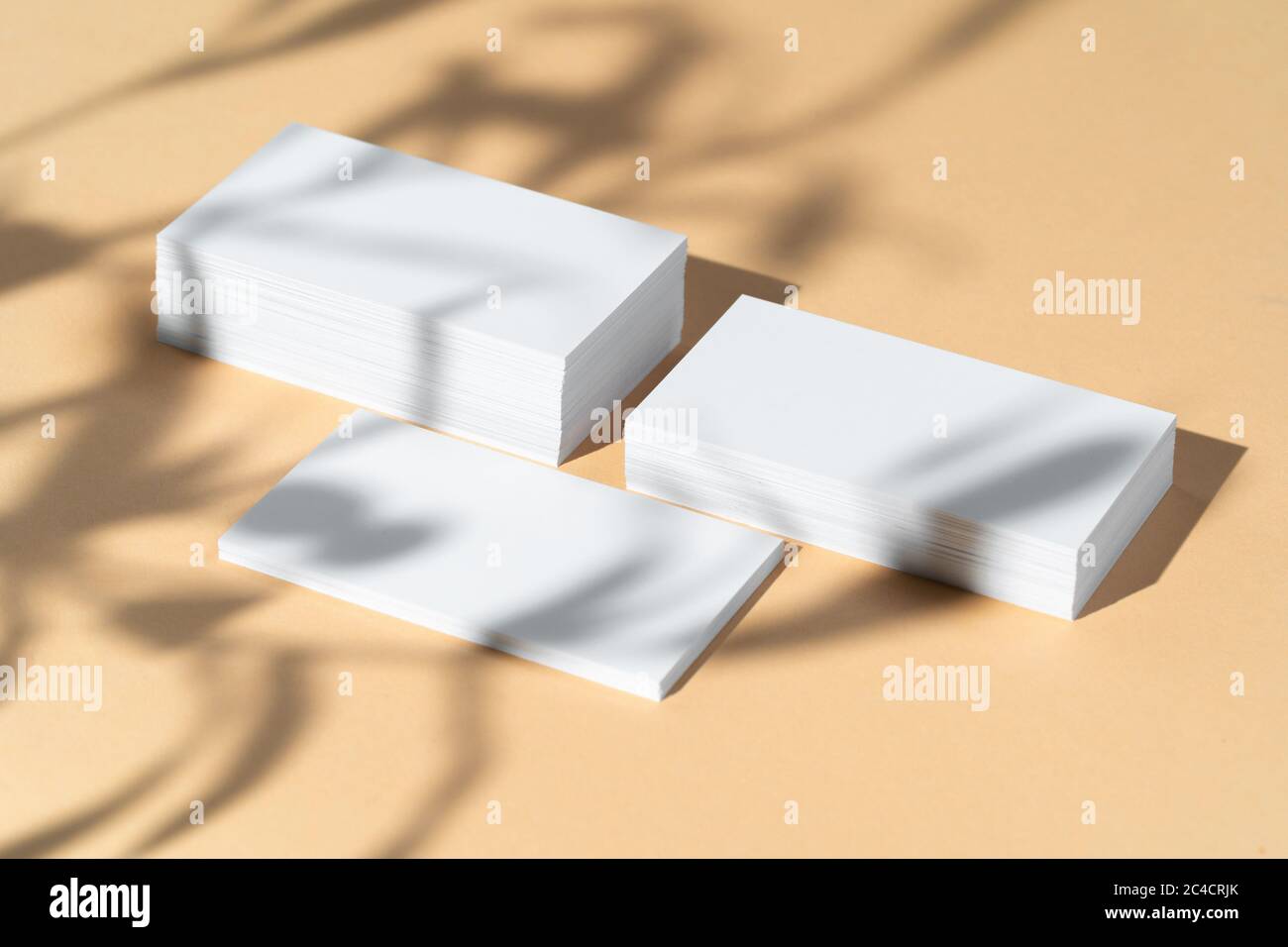 Creative photo with floral shadow of white businesscard on beige ...