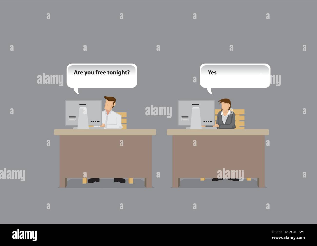 Cartoon office employees using computer for personal internet chat ...