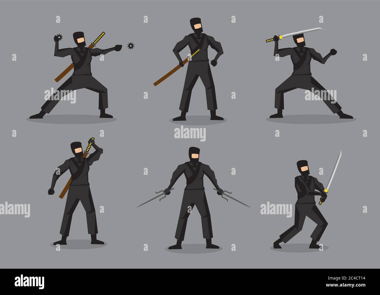 Set of six vector illustration of Japanese ninja in black suit and mask ...