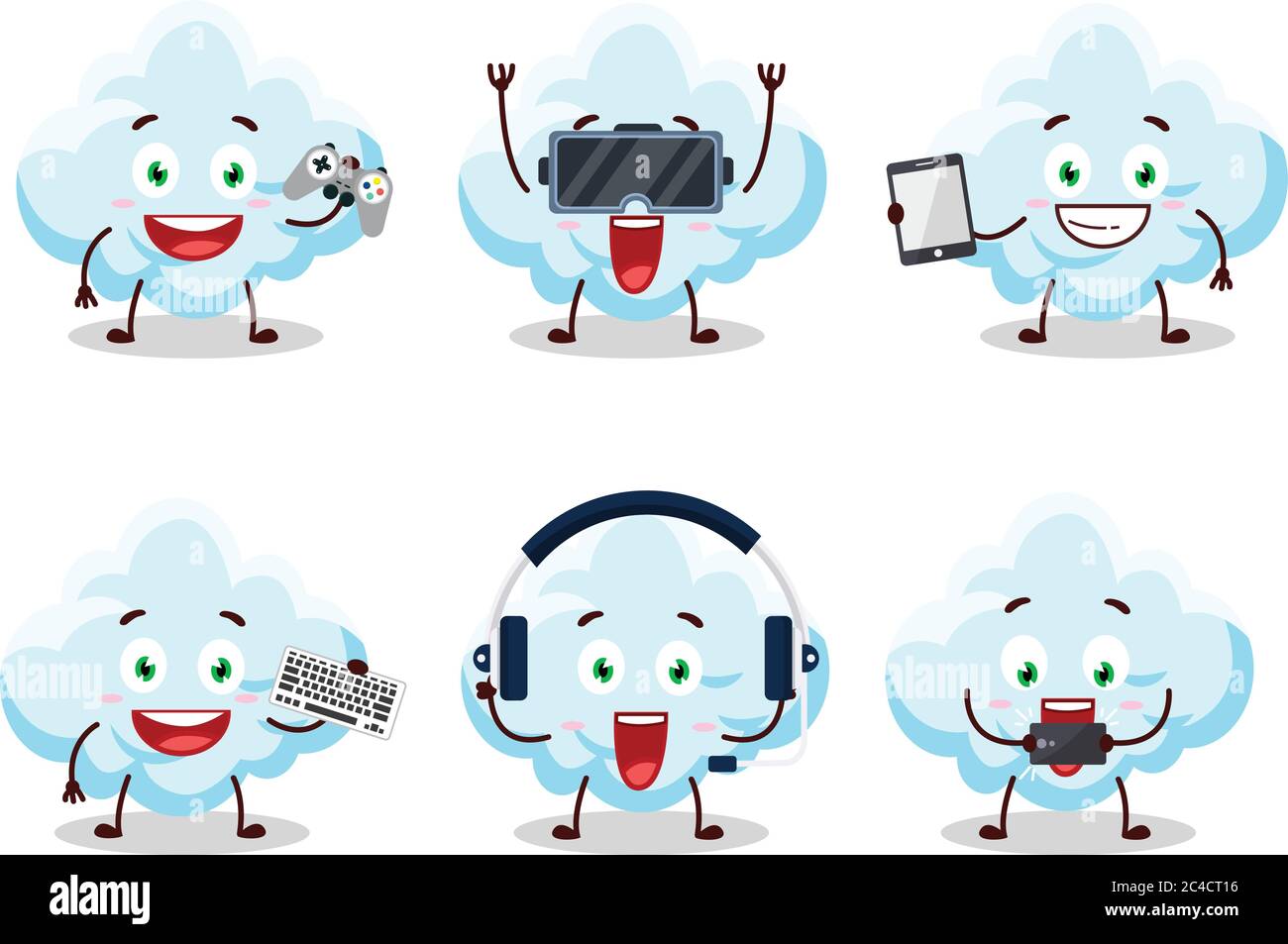 Cloud cartoon character are playing games with various cute emoticons ...