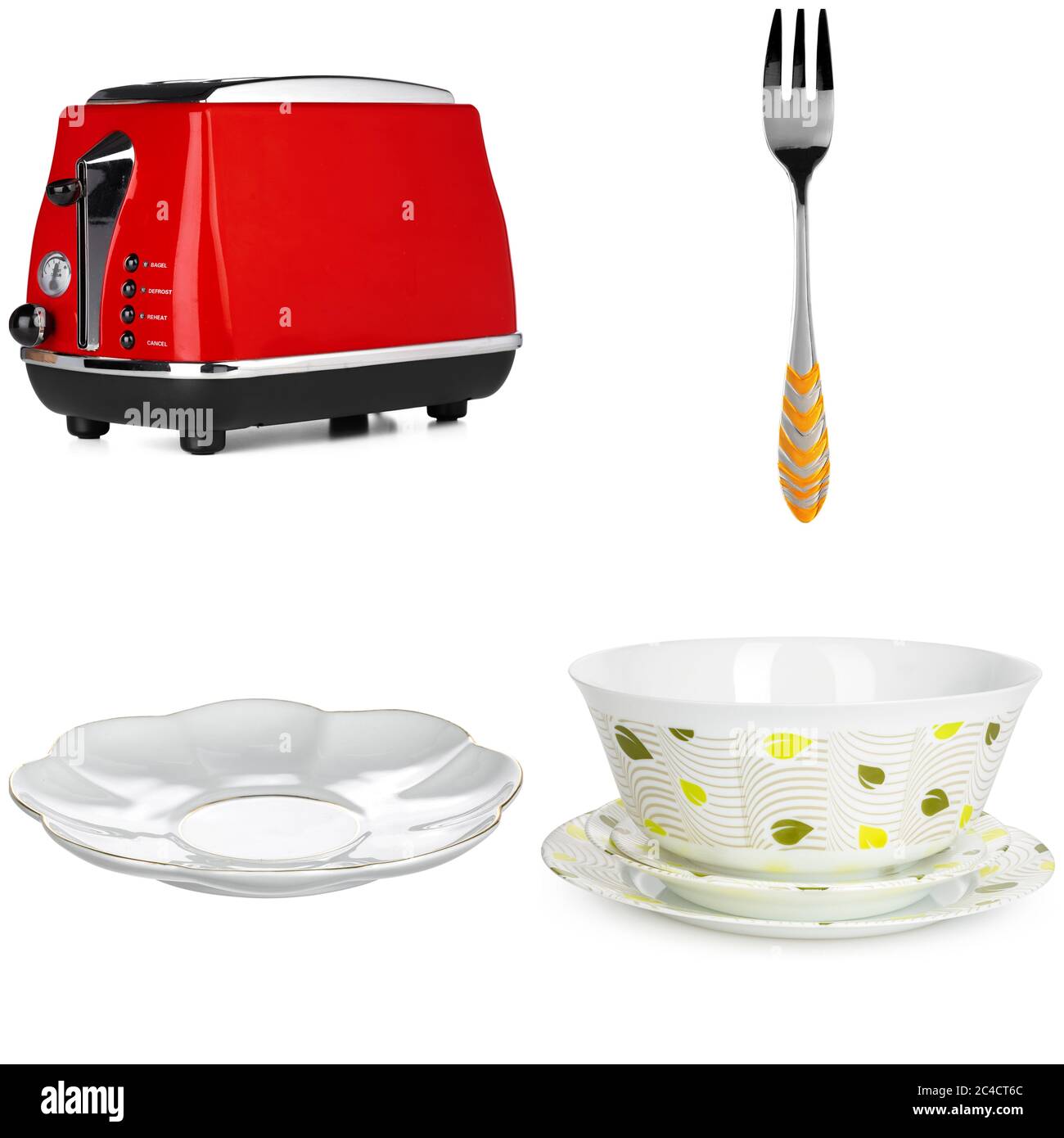 Collage of toaster and crockery on white background Stock Photo - Alamy