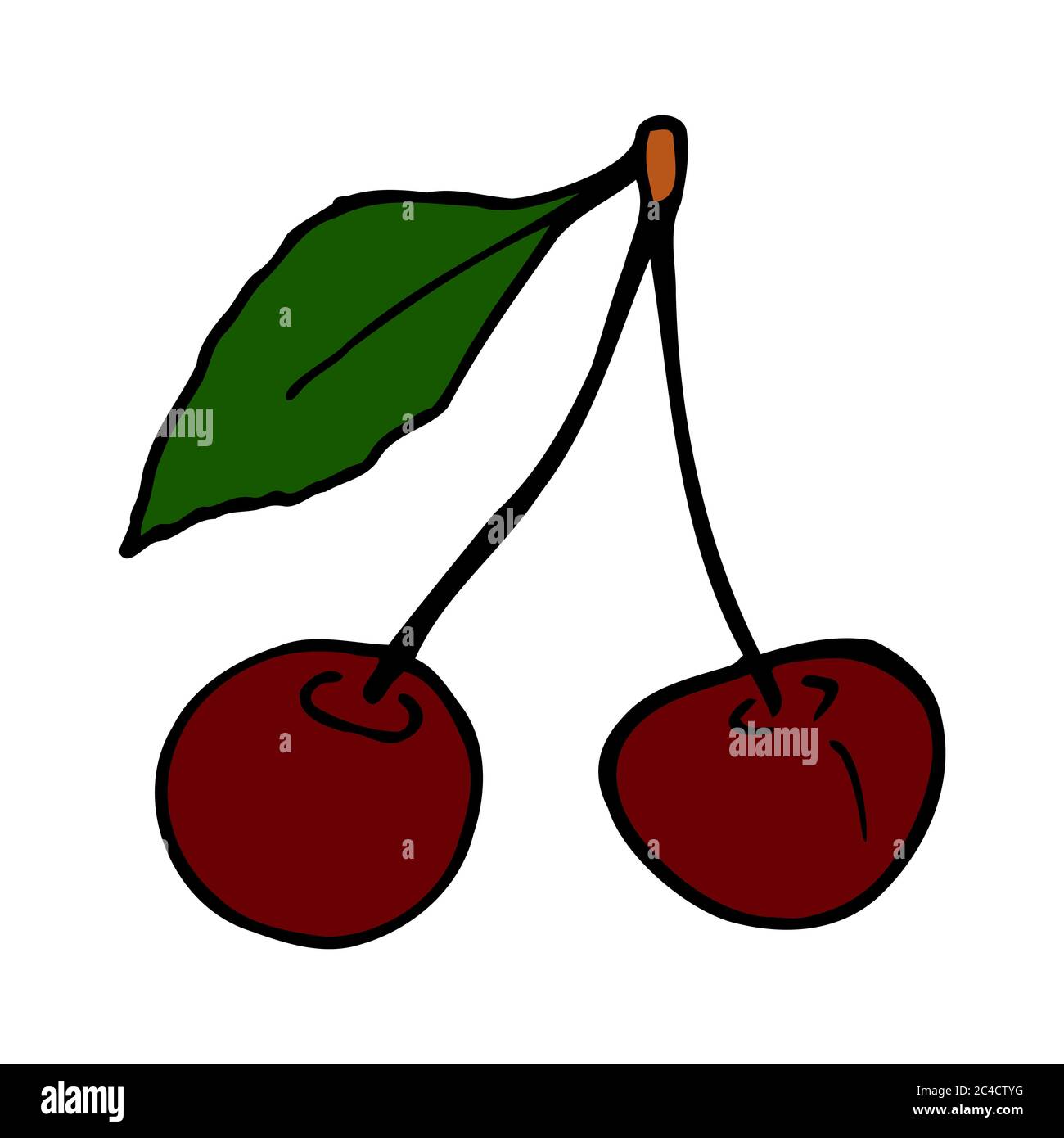 Cherry with stem and leaf. Hand drawn outline doodle icon. Colorful ...