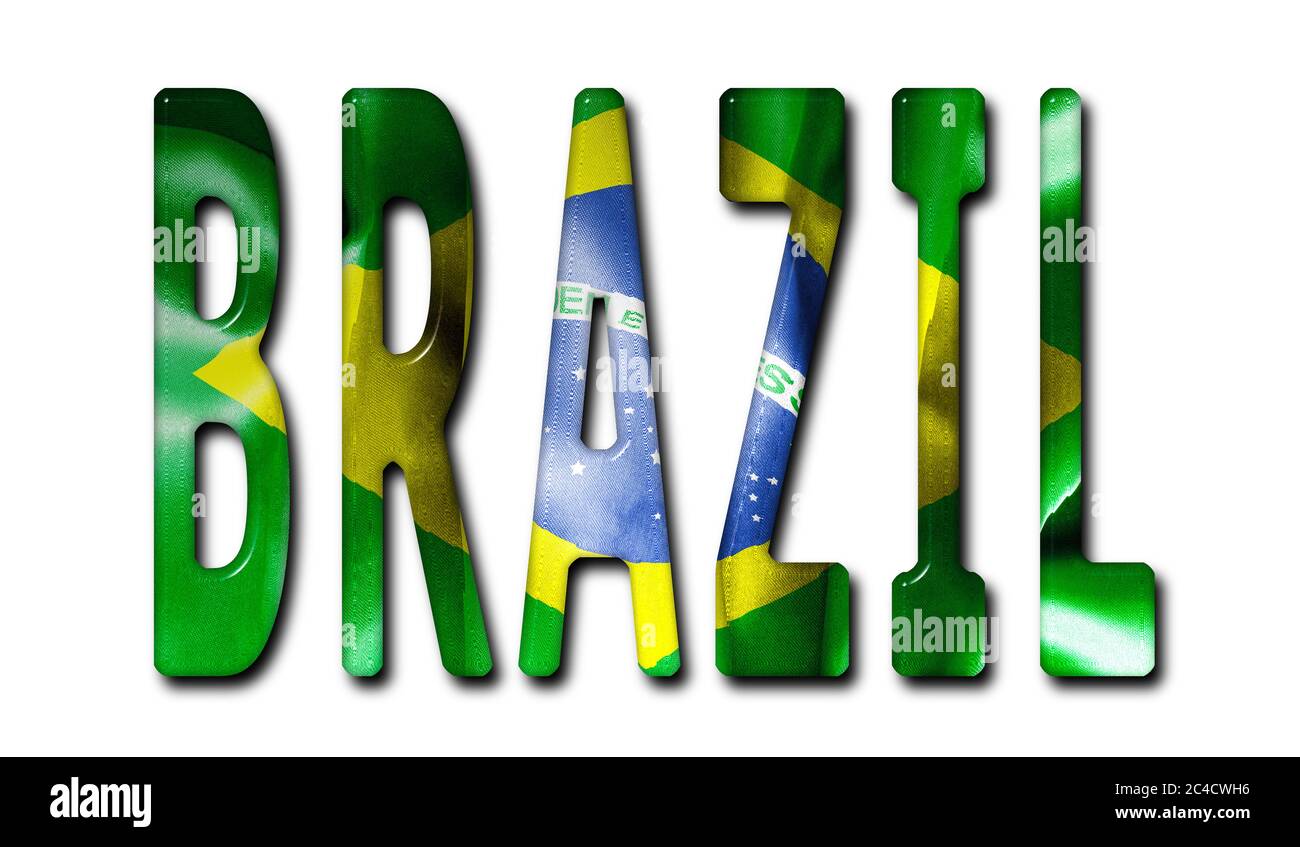 Brazil word with a bevelled flag texture on an isolated white ...