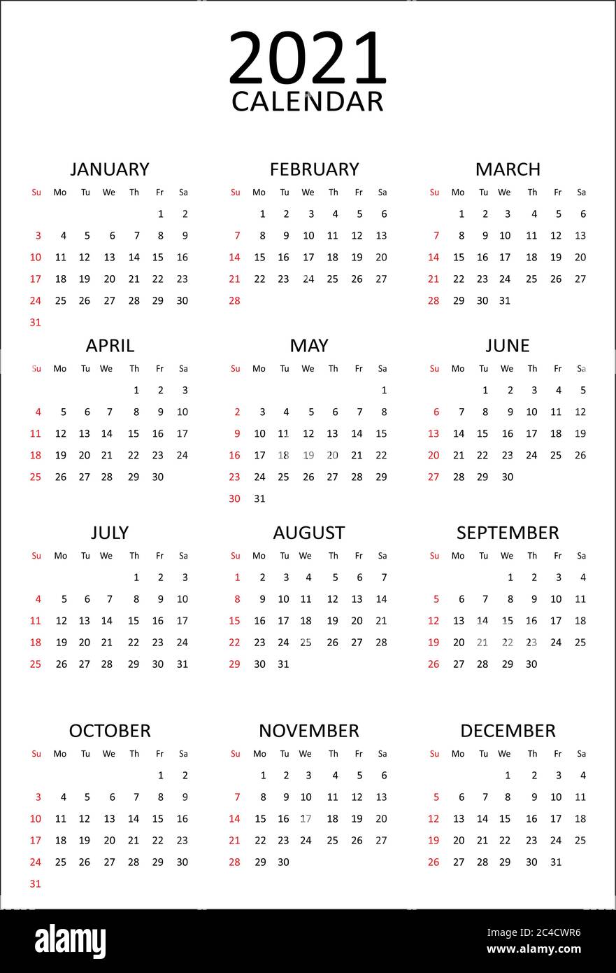 Template of calendar for year 2021. Simple monochrome project. Week ...