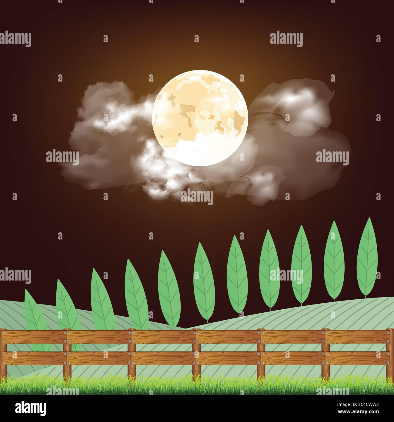 Picturesque rural night time country scene with farmland and boundary ...