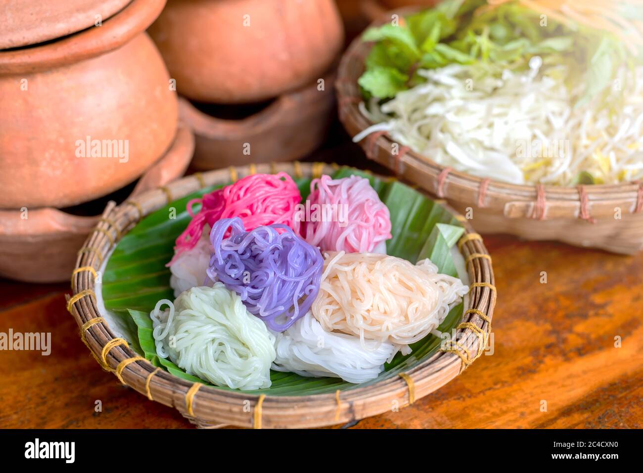 Thai food, Rice Noodle eaten with curry and fresh vegetable. or ...