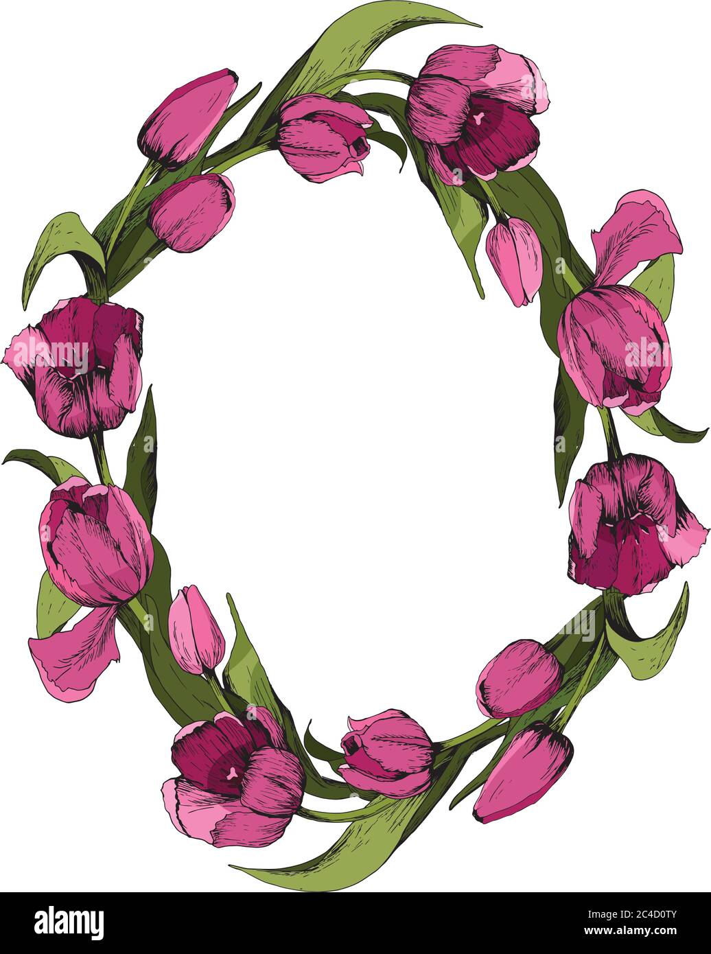 Wreath with colored pink tulips. Floral oval frame with colorful tulips ...