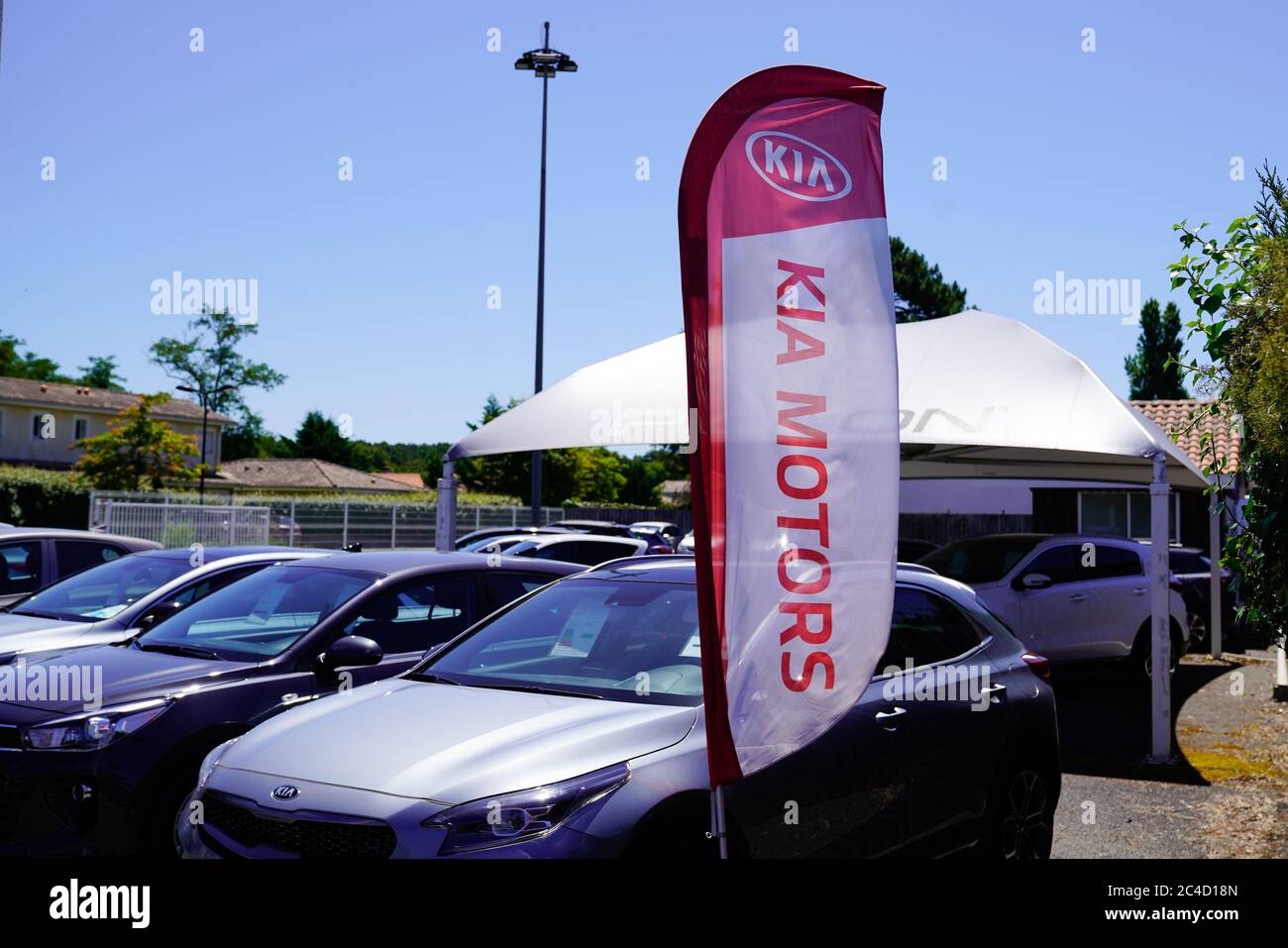Bordeaux , Aquitaine / France - 06 20 2020 : Kia car logo sign on flag ...