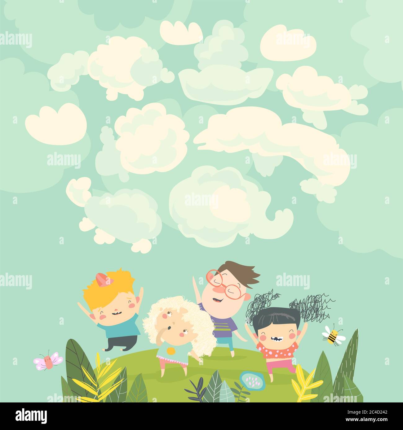 Cartoon happy kids watching clouds in the sky Stock Vector Image & Art ...