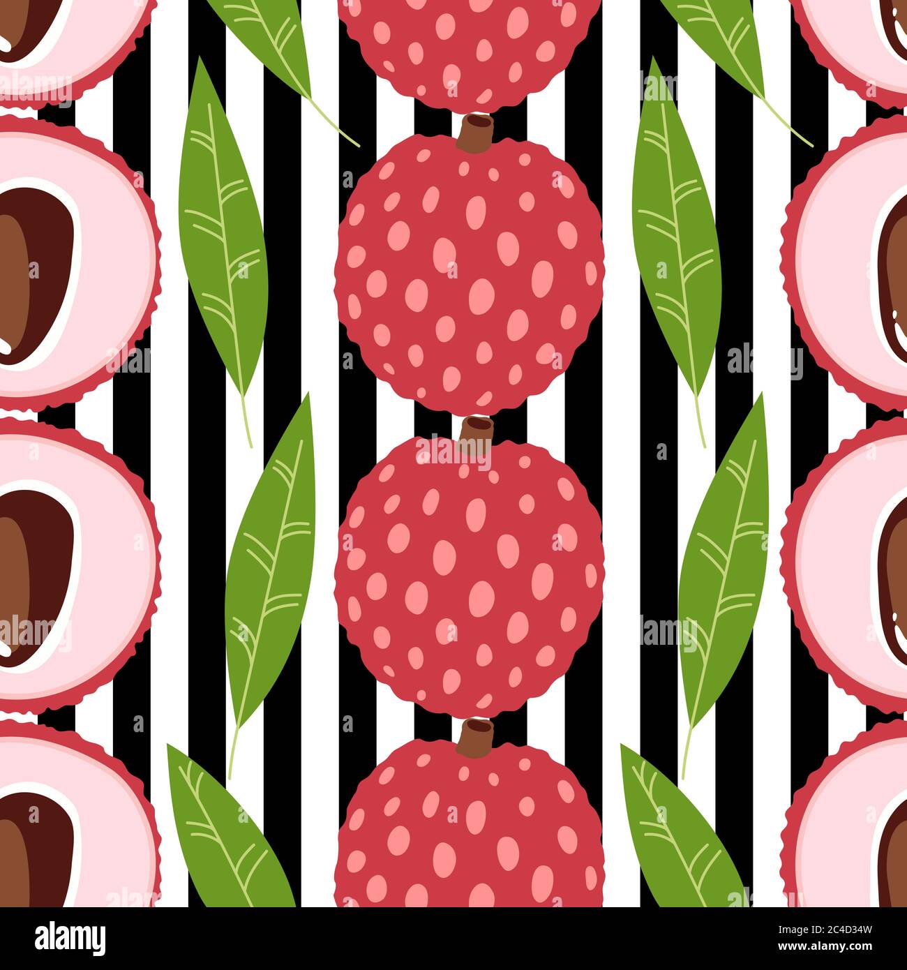Seamless pattern of lychee - tropical fruit and leaves on striped ...