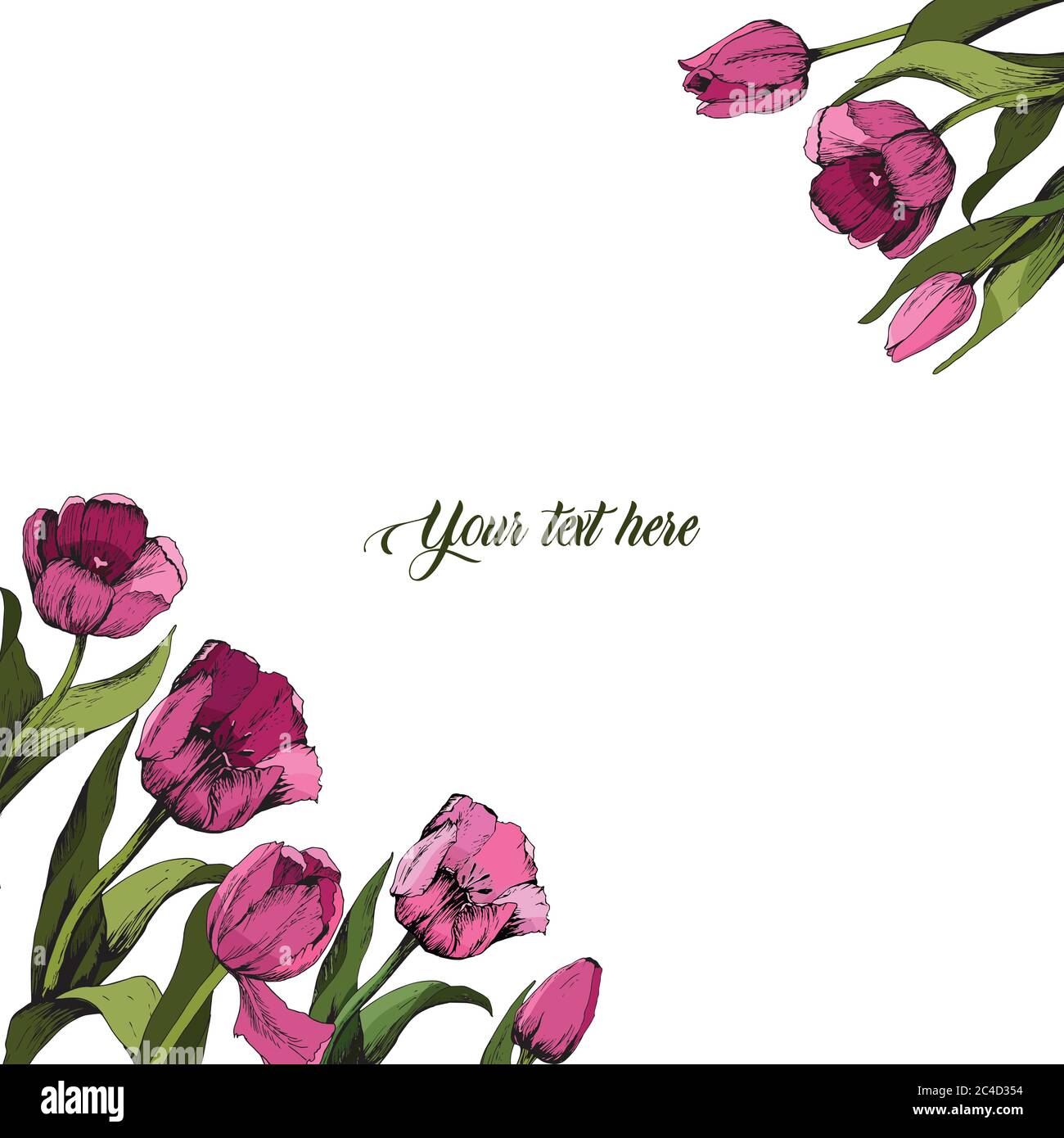 Frame with colored pink tulips. Poster. Spring mood. Vector ...