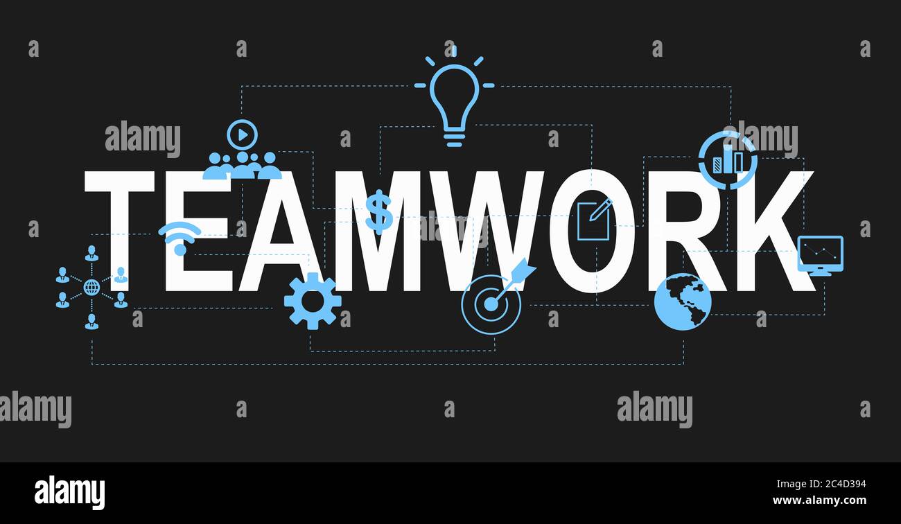 White teamwork inscription and blue icons over black background Stock ...