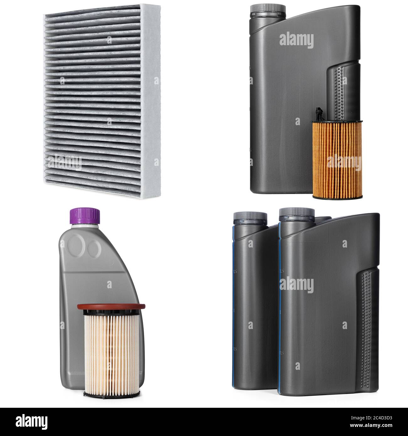 Car parts: air filters and engine oil on white background Stock Photo ...