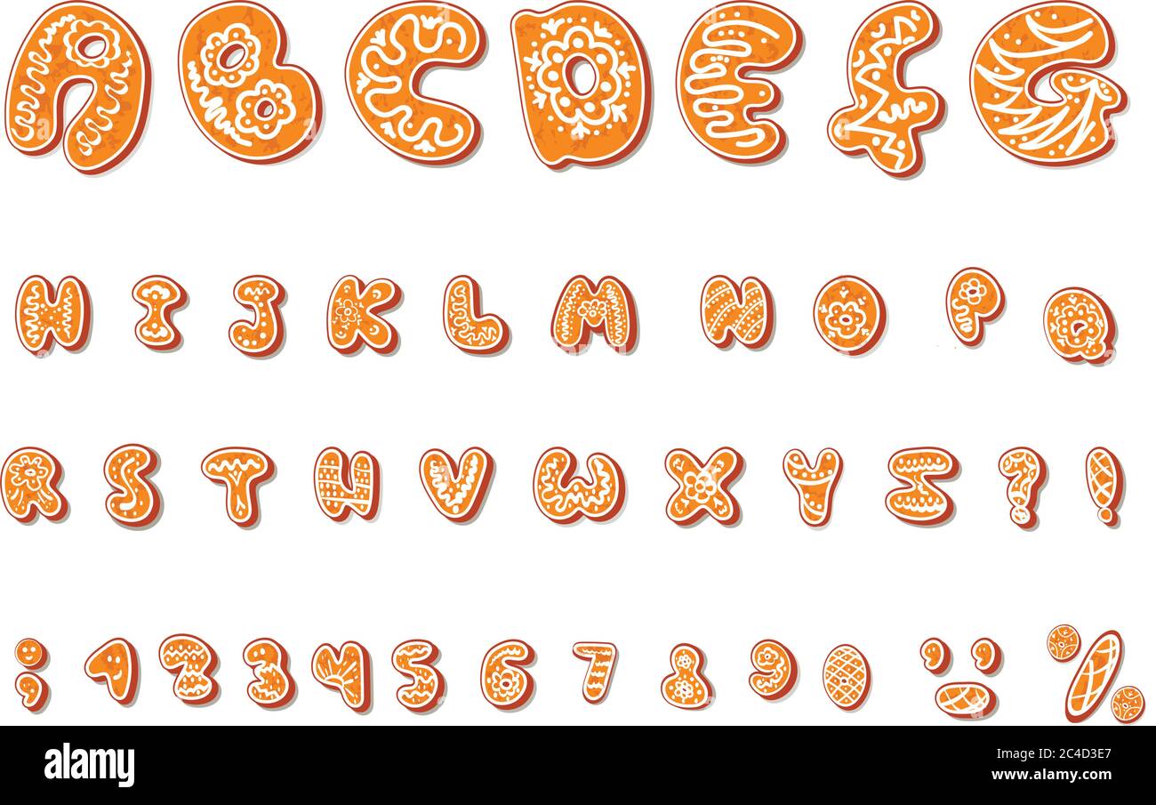 Vector cartoon alphabet of Christmas or New Year alphabet gingerbread ...