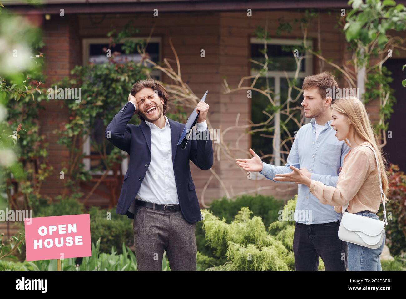 Annoyed clients arguing with irritated real estate agent about property ...