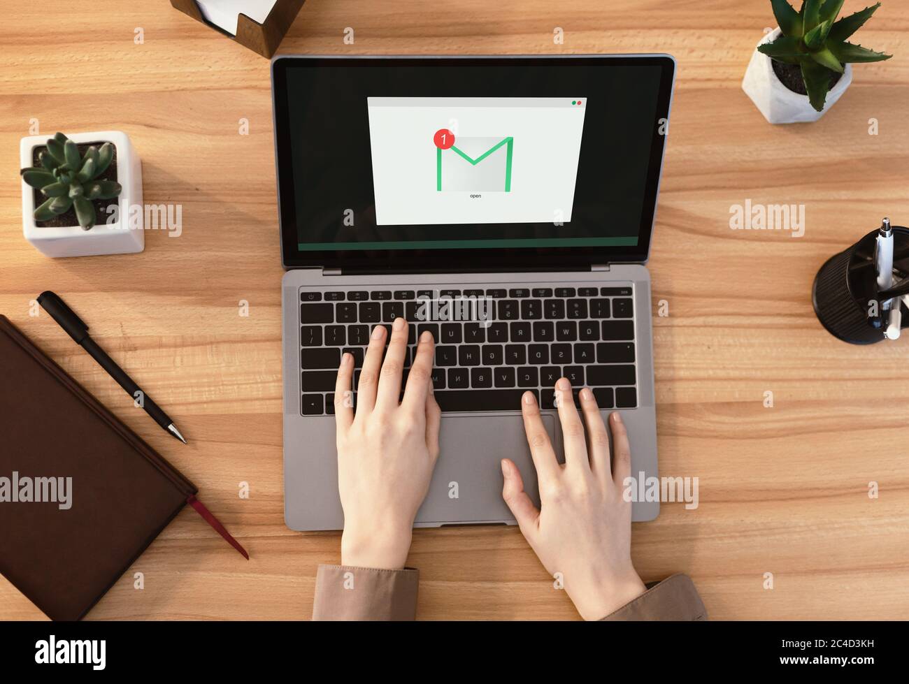 Email Notification. Woman Working On Laptop With Mail Envelope Icon On ...