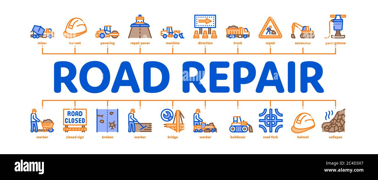 Road Repair And Construction Minimal Infographic Banner Vector Stock ...