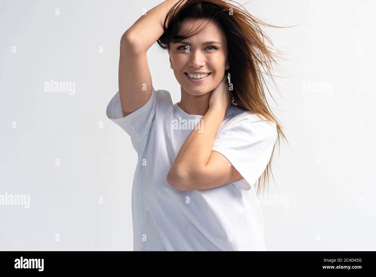 Funny woman on white background. Cheerful female model joyful. Positive ...