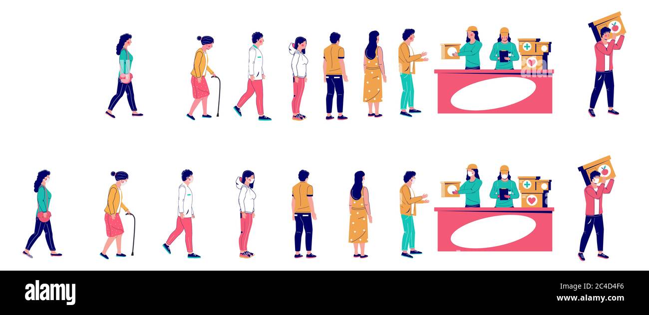People waiting in line for humanitarian aid, vector flat illustration ...