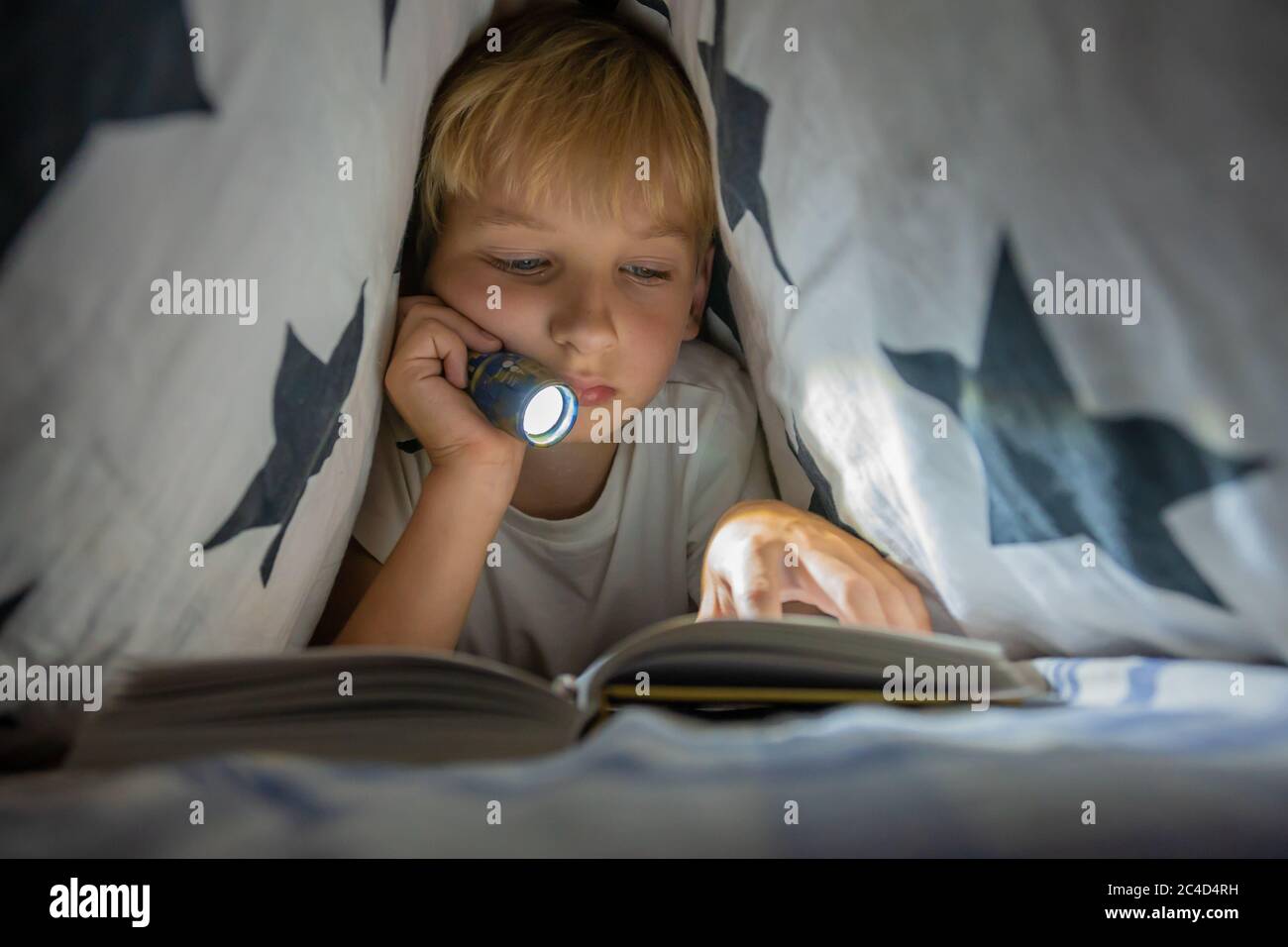 Boy Reading Book Under Covers High Resolution Stock Photography and ...