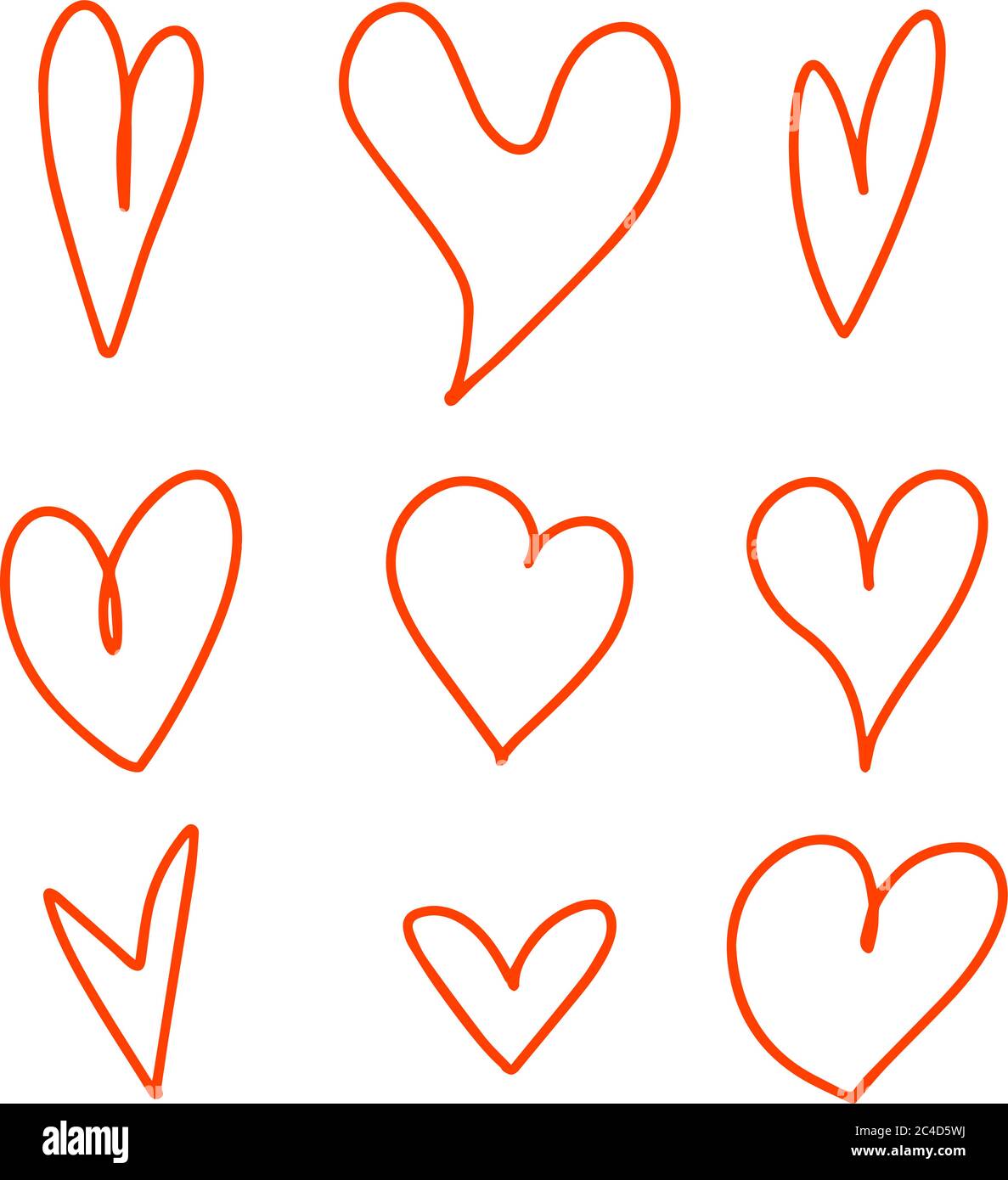 Collection of illustrated hand drawn line heart icons on white ...