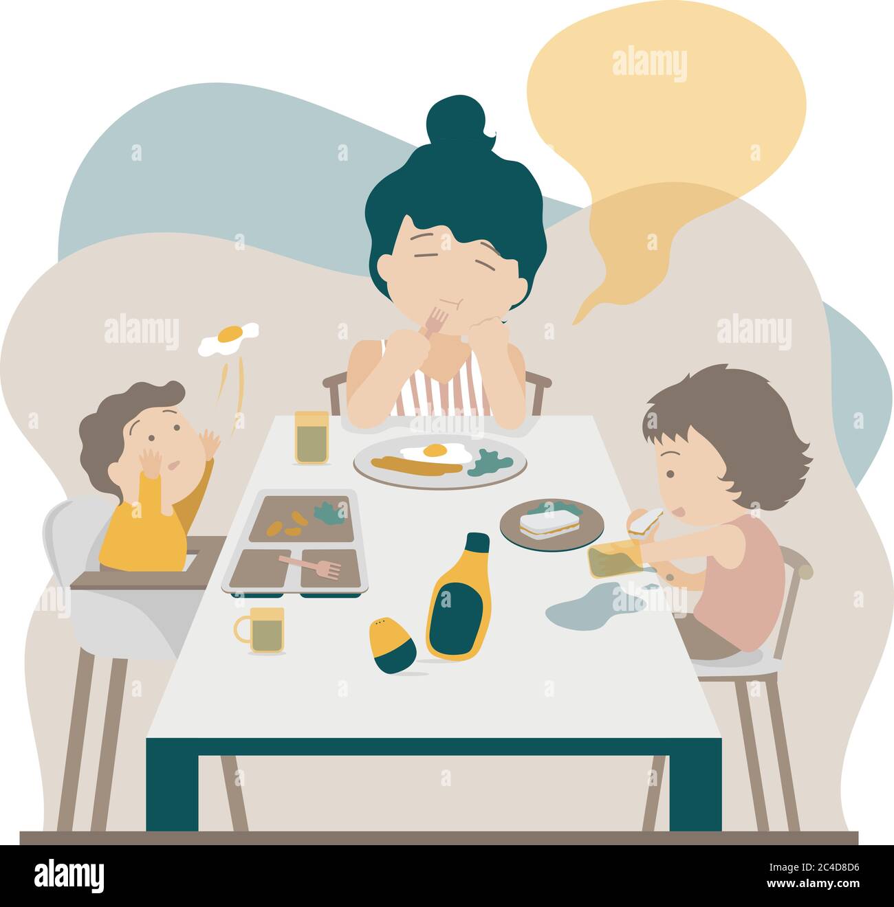 Flat design, family routine, a tired-looked mommy has breakfast with ...