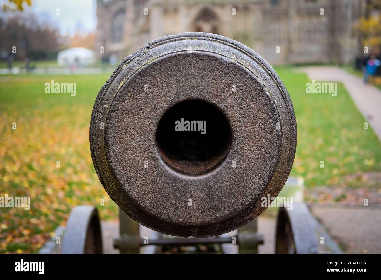 Close-up, shallow focus of an ancient, English wrought iron cannon ...