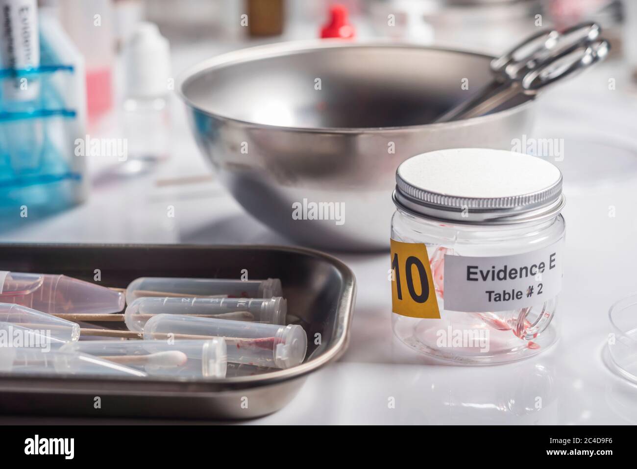 Blood-stained glass sample in an evidence jar, concept image Stock ...