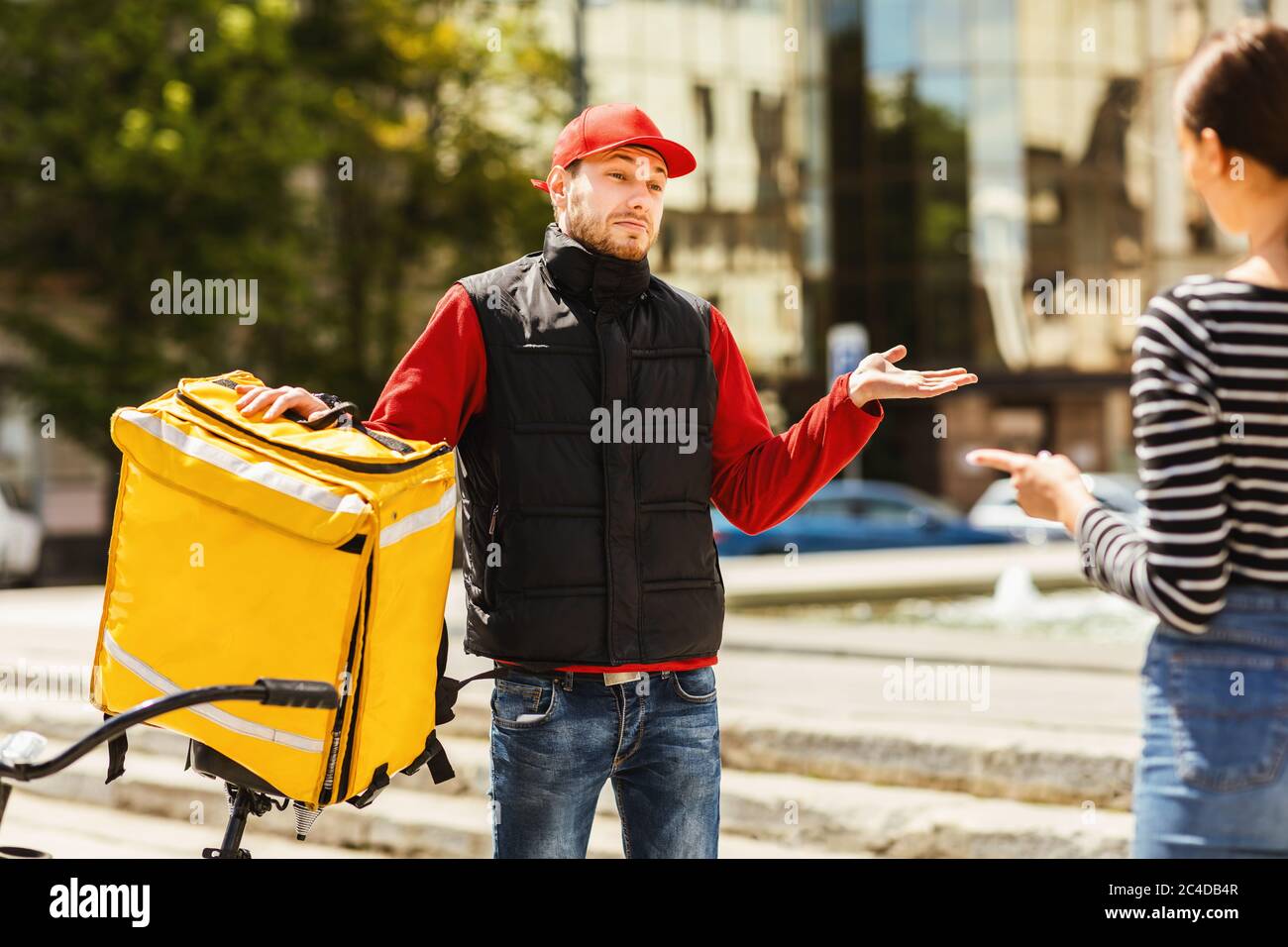 Courier Delivering Customer Wrong Package Shrugging Shoulders Standing ...