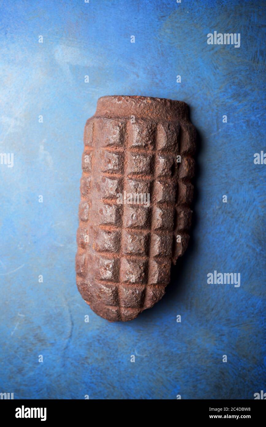 Piece of a hand grenade used in the Spanish civil war Stock Photo - Alamy