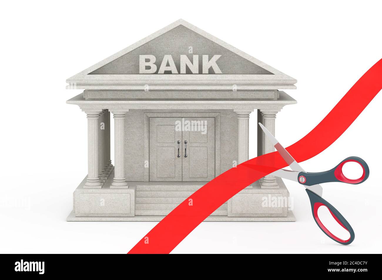 Scissors Cutting Red Ribbon in Front of Bank Building on a white ...