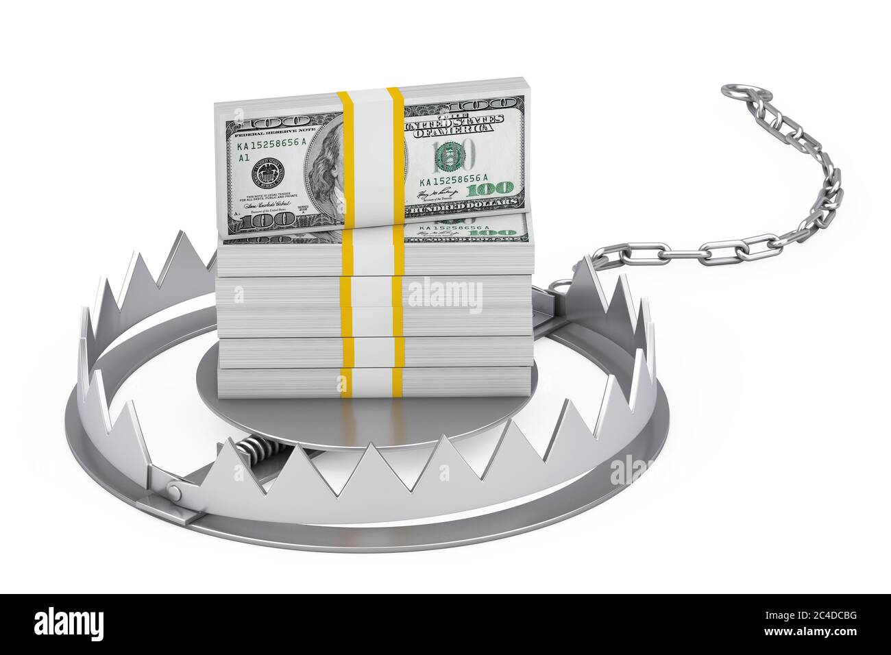 Metal Bear Trap with Stack of Dollar Bills on a white background. 3d ...